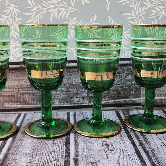 MCM | Dining | Vintage Mcm Bohemian Glass Green Gold Stripes Glasses ...
